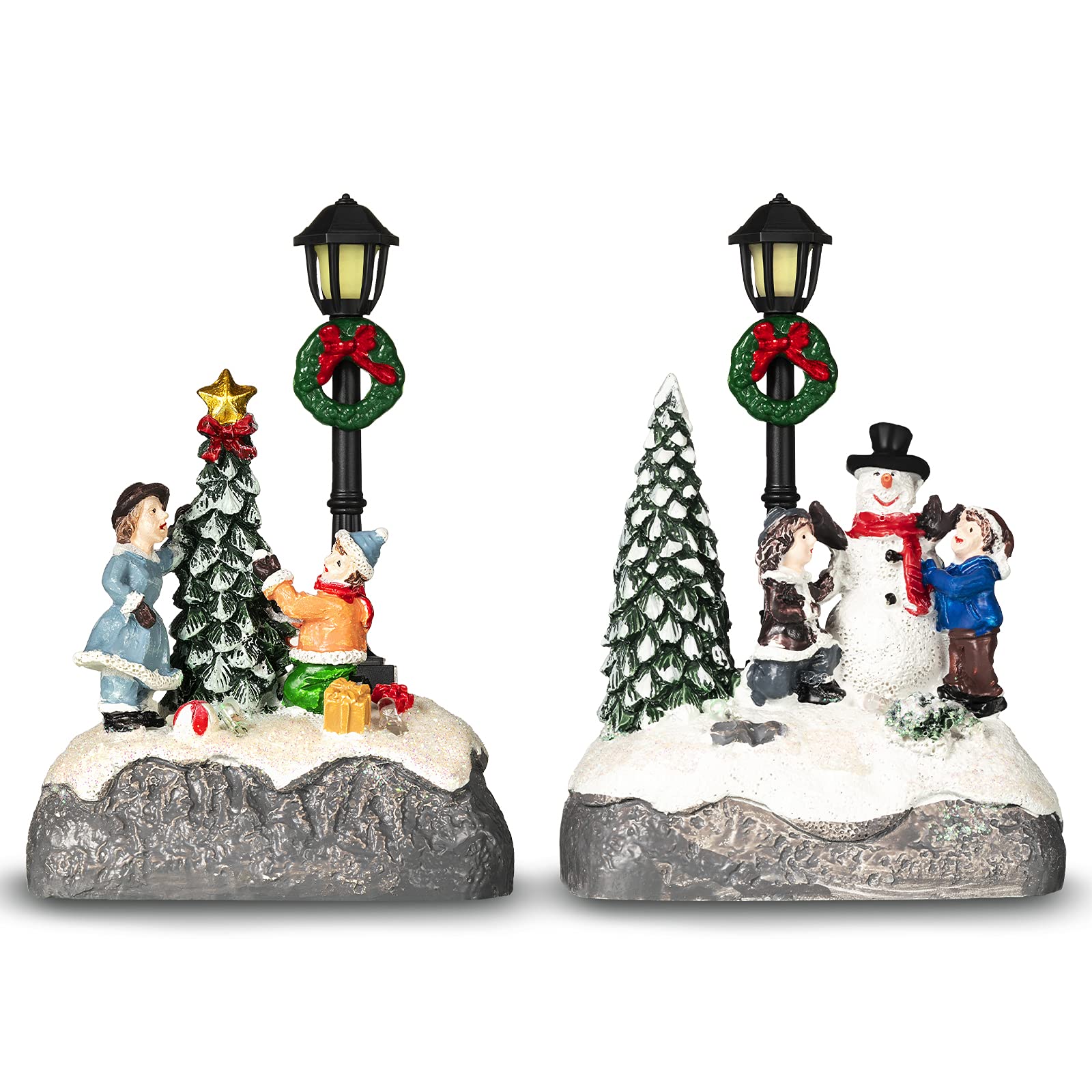 Mudder 2 Pieces Christmas Village Houses Decorations Led Light up Christmas Tree Christmas Snowman Light Christmas Decorations Figurines Buildings Landscape Lamppost Dector