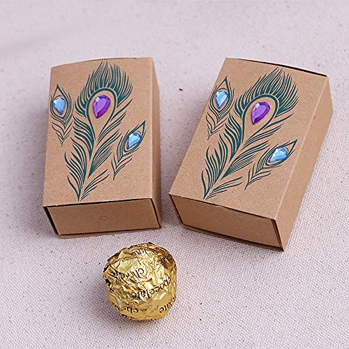 Faylapa Suitcase Candy Boxes, Party Favor Candy Box, Vintage Kraft Paper Gift Bag for Travel Theme Party,Wedding,Birthday,Bridal Shower (Peacock Feather 50pcs)
