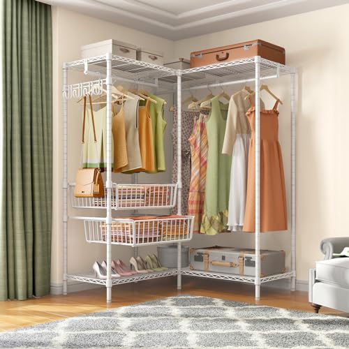 VIPEK L9 L Shape Garment Rack Heavy Duty Clothing Rack with 4 Adjustable Shelves & Slid Baskets, Freestanding Clothes Rack Metal Wardrobe Closet Rack, 44.6"L x 39"W x 73.4"H, Max Load 700LBS, White