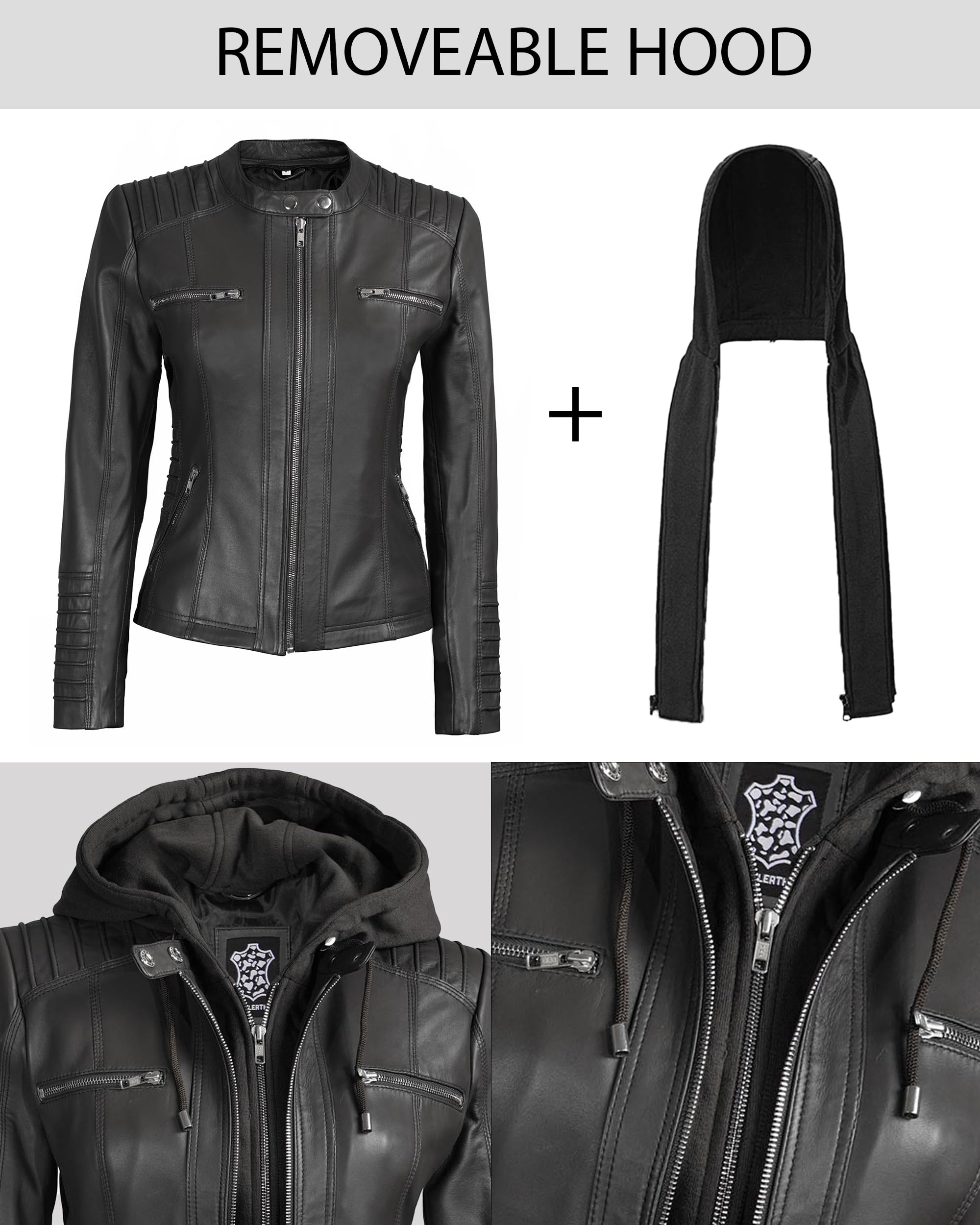 Blingsoul Hooded Womens Leather Jackets | [1313775] Helen Black, XL