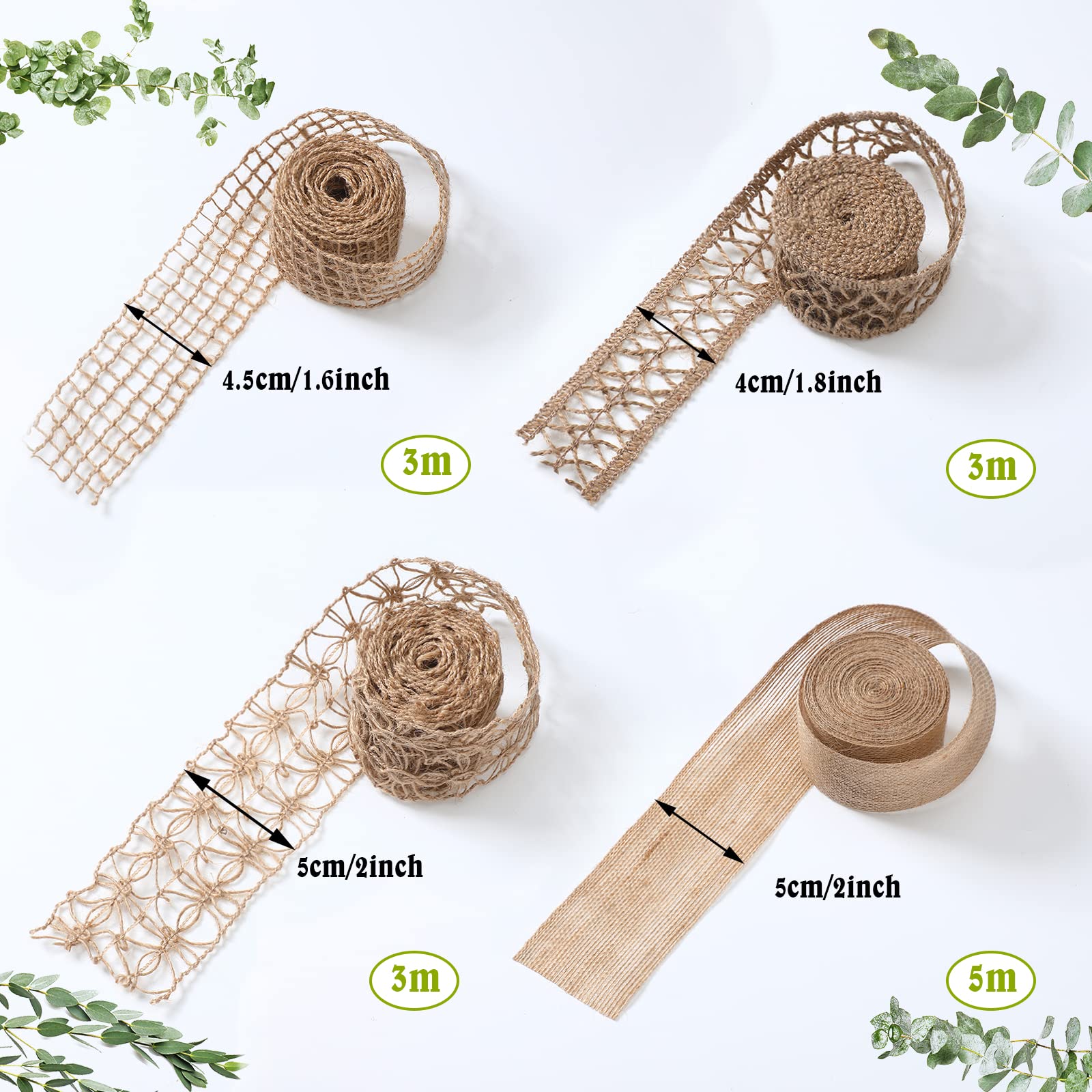 4 Rolls Burlap Ribbon Natural Jute Burlap Lace Mesh Weeding Trim Craft Wrapping Ribbon for Holiday Party DIY Handmade Artist Home Decor Packaging