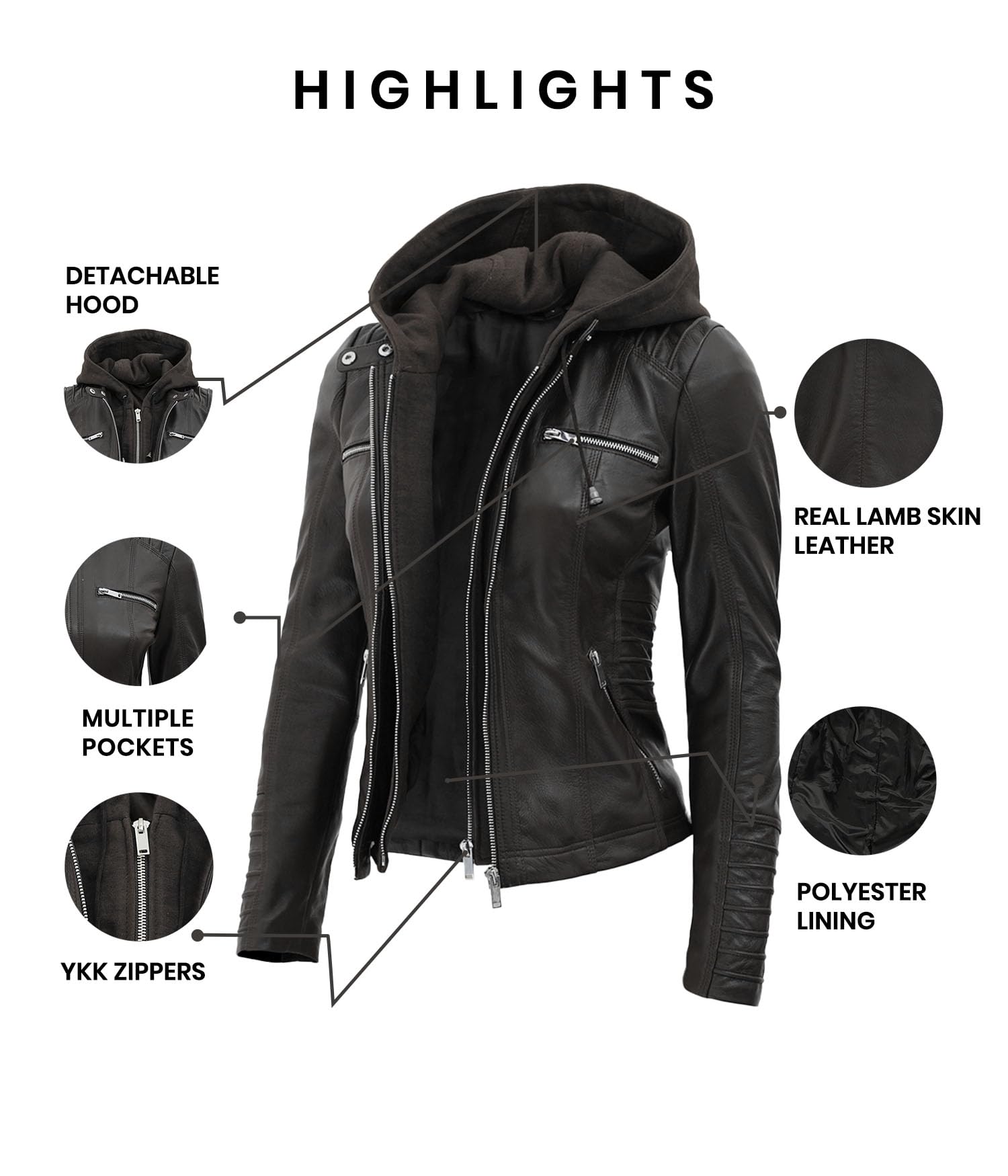 Blingsoul Hooded Womens Leather Jackets | [1313775] Helen Black, XL