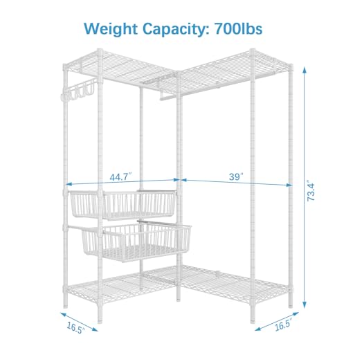 VIPEK L9 L Shape Garment Rack Heavy Duty Clothing Rack with 4 Adjustable Shelves & Slid Baskets, Freestanding Clothes Rack Metal Wardrobe Closet Rack, 44.6"L x 39"W x 73.4"H, Max Load 700LBS, White