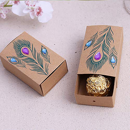 Faylapa Suitcase Candy Boxes, Party Favor Candy Box, Vintage Kraft Paper Gift Bag for Travel Theme Party,Wedding,Birthday,Bridal Shower (Peacock Feather 50pcs)