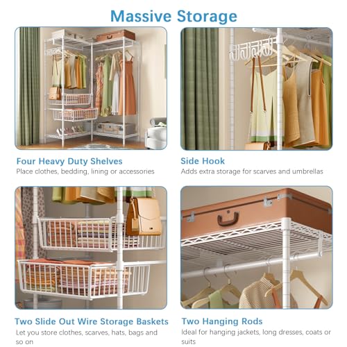 VIPEK L9 L Shape Garment Rack Heavy Duty Clothing Rack with 4 Adjustable Shelves & Slid Baskets, Freestanding Clothes Rack Metal Wardrobe Closet Rack, 44.6"L x 39"W x 73.4"H, Max Load 700LBS, White