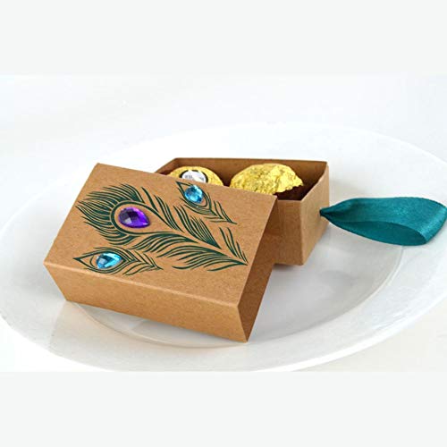 Faylapa Suitcase Candy Boxes, Party Favor Candy Box, Vintage Kraft Paper Gift Bag for Travel Theme Party,Wedding,Birthday,Bridal Shower (Peacock Feather 50pcs)