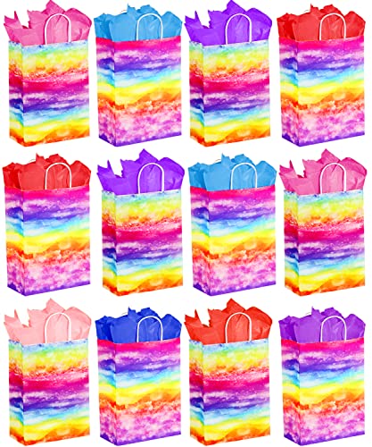 32 Pieces Tie Dye Gift Bags - 8.7'' Rainbow Gift Bags with Tissues Paper for Party Favor Bags, Tie Dye Gift Bags with Handle for Tie Dye Party Supplies, Tie Dye Birthday Party Decorationsļ¼2 Stylesļ¼