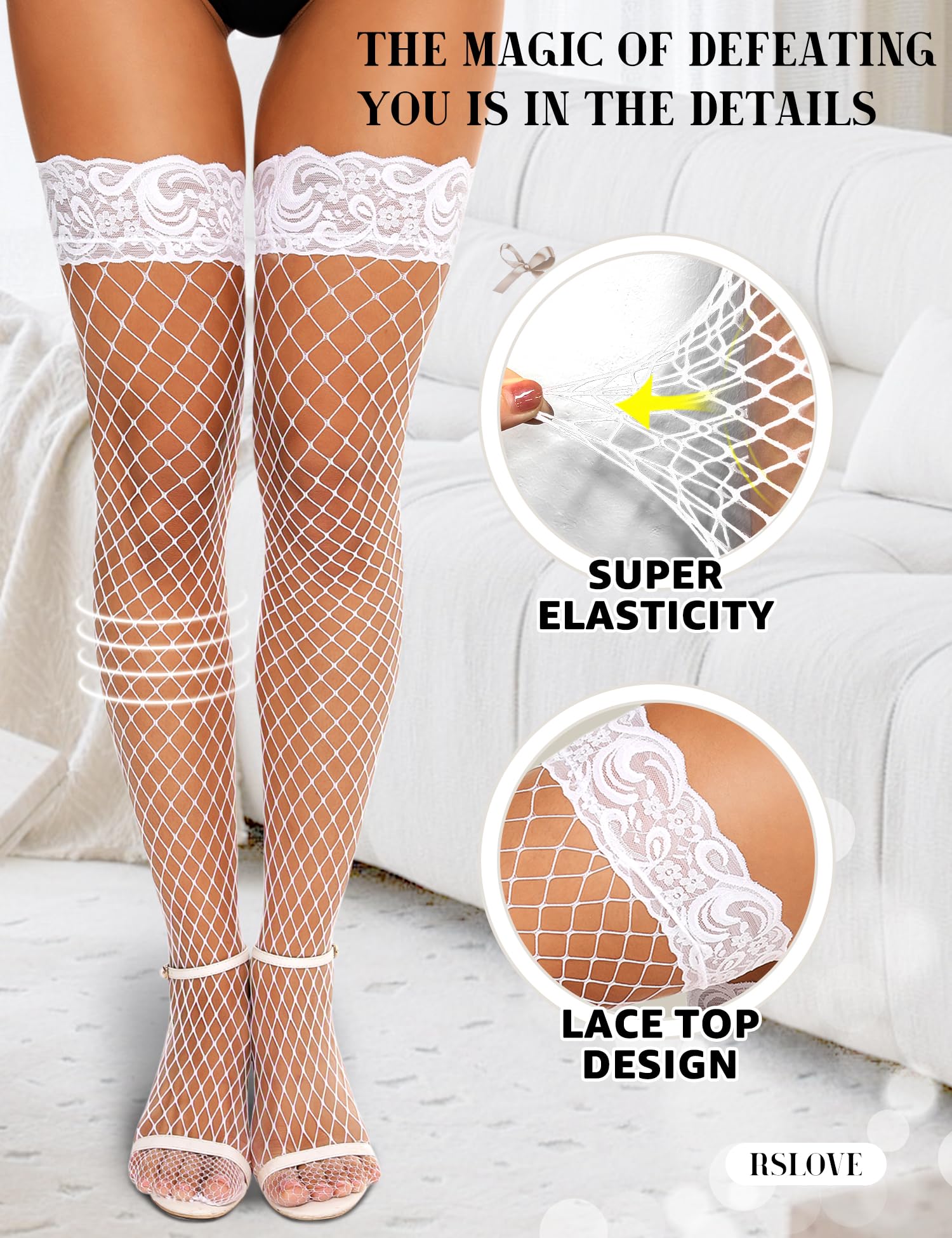 RSLOVE Women's Lace Top Fishnet Thigh-High Stockings with Antiskid Silicone Sexy Stay Up Tights Pantyhose White