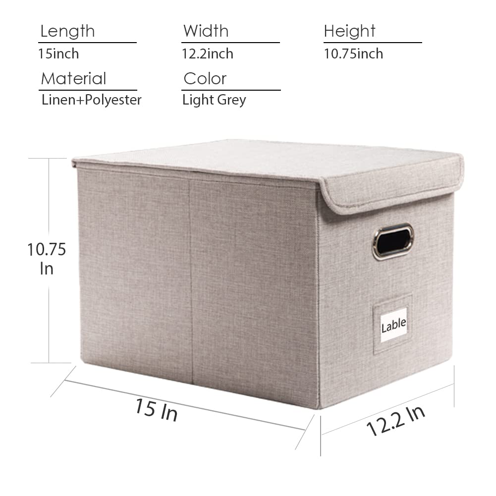 PRANDOM File Organizer Box - Set of 4 Collapsible Decorative Linen Filing Storage Hanging File Folders with Lids Office Cabinet Letter Size Light Grey (15x12.2x10.75 inch)
