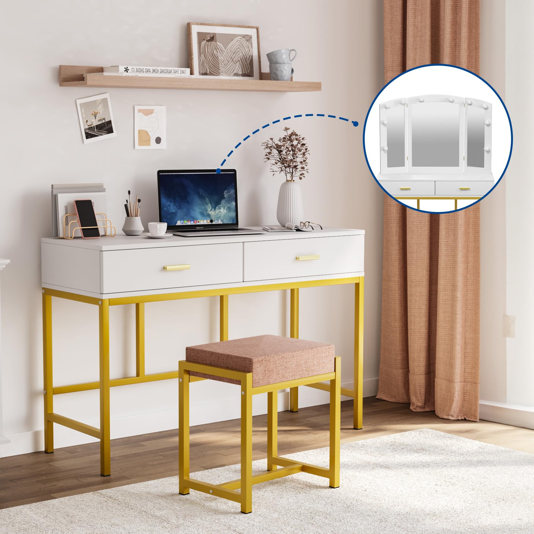 Semiocthome White Makeup Vanity Desk with Mirror and Lights, Make Up Vanity with Power Strip, 39.4" W Vanity Table with 2 Drawers and Stool for Girls, Vanity Set with Gold Metal Frame for Bedroom