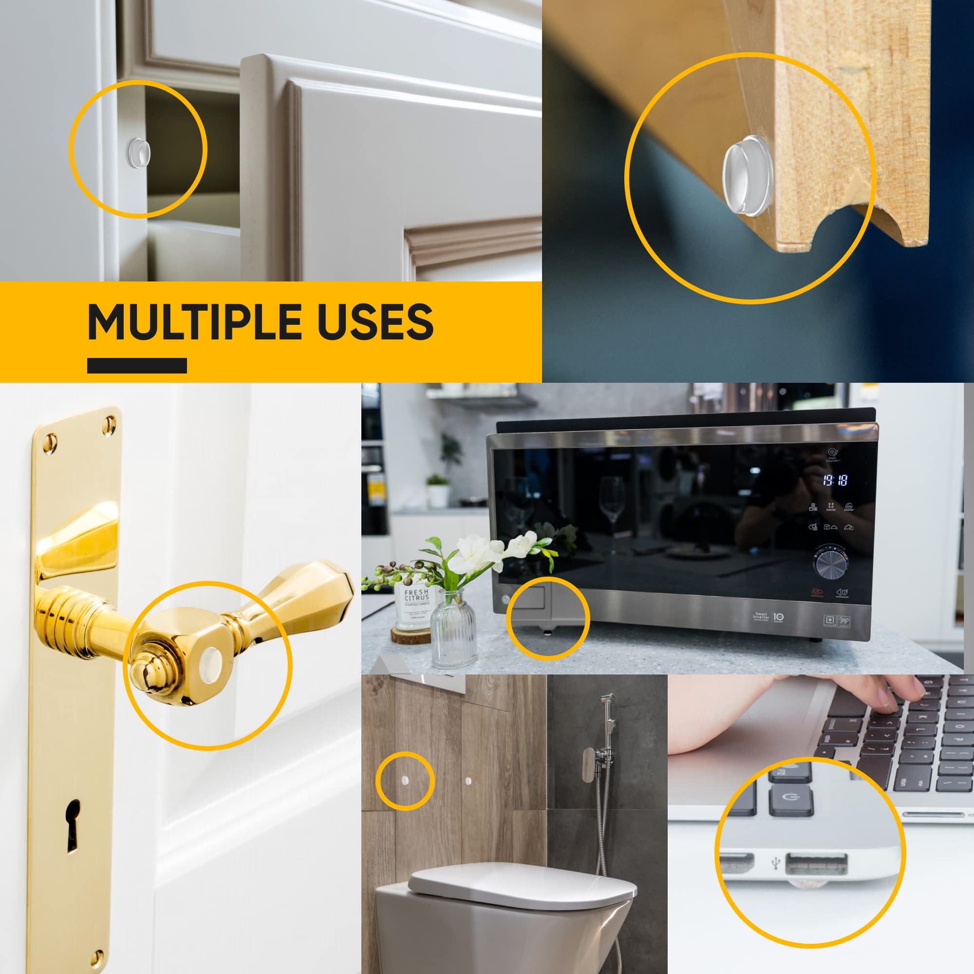 Vellax Self Adhesive Cabinet Door Bumpers - 64 pcs Sticky Silicone Clear Sound Dampening Rubber Bumpers for Wall Protection, Kitchen Furniture, Decor, Drawer Stops