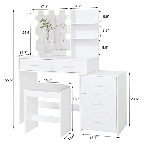 usikey 43.5in Large Vanity Desk with Mirror and 10 LED Lights, Makeup Vanity Table with Lights and 5 Drawers, White Vanity Table Vanity Set with Storage Shelves and Stool for Women Girls, White