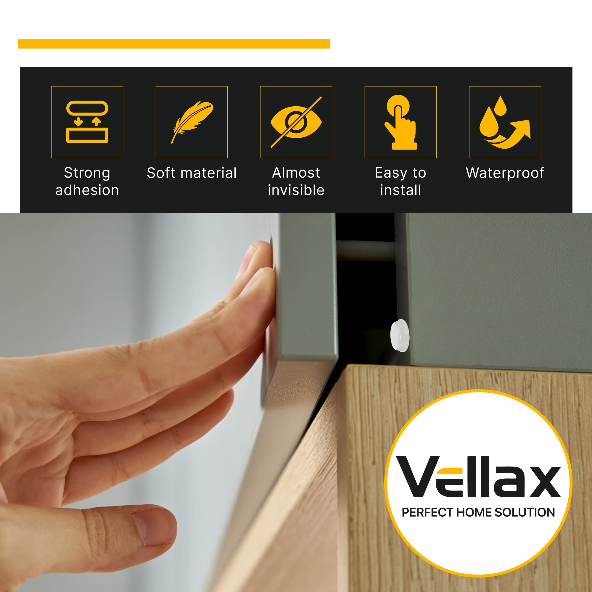 Vellax Self Adhesive Cabinet Door Bumpers - 64 pcs Sticky Silicone Clear Sound Dampening Rubber Bumpers for Wall Protection, Kitchen Furniture, Decor, Drawer Stops