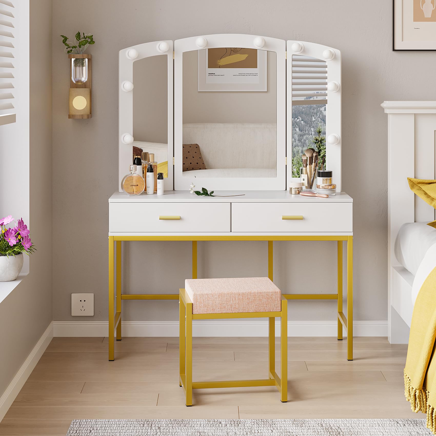 Semiocthome White Makeup Vanity Desk with Mirror and Lights, Make Up Vanity with Power Strip, 39.4" W Vanity Table with 2 Drawers and Stool for Girls, Vanity Set with Gold Metal Frame for Bedroom