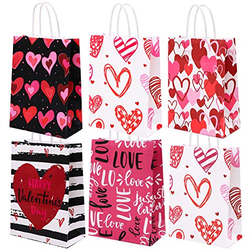 Cooraby 20 Pieces Valentines Day Paper Bags Valentine's Day Party Kraft Bags Paper Red and Pink Color Hearts Bags with Handle for Party Favors