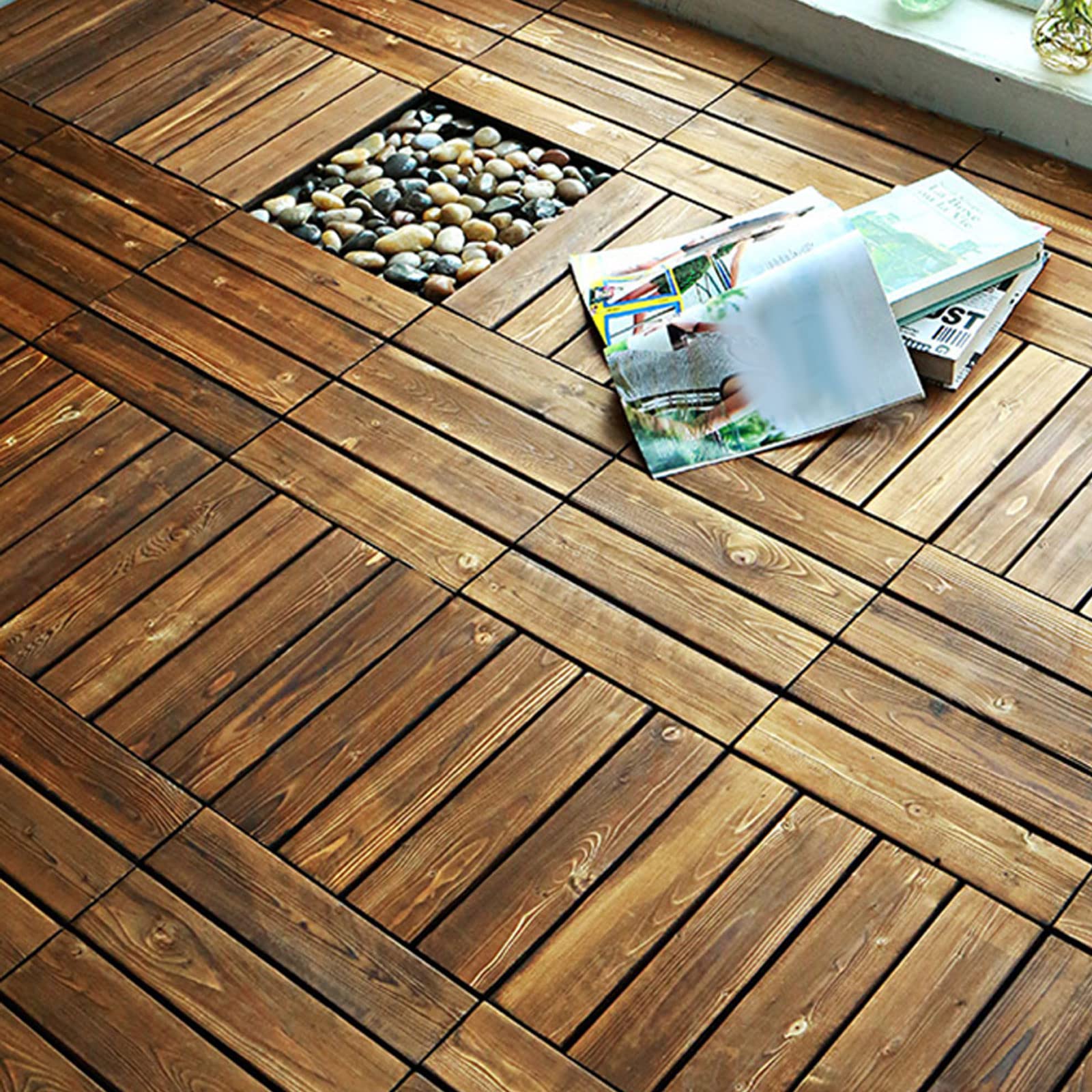 SEUNMUK 7 Pack Interlocking Flooring Tiles Patio Wood Deck Tiles, 12 x 12 Inch Wood Plastic Composite Tiles Outdoor Interlocking Tiles for Indoor Outdoor Patio Garden Deck Poolside Brown, Waterproof