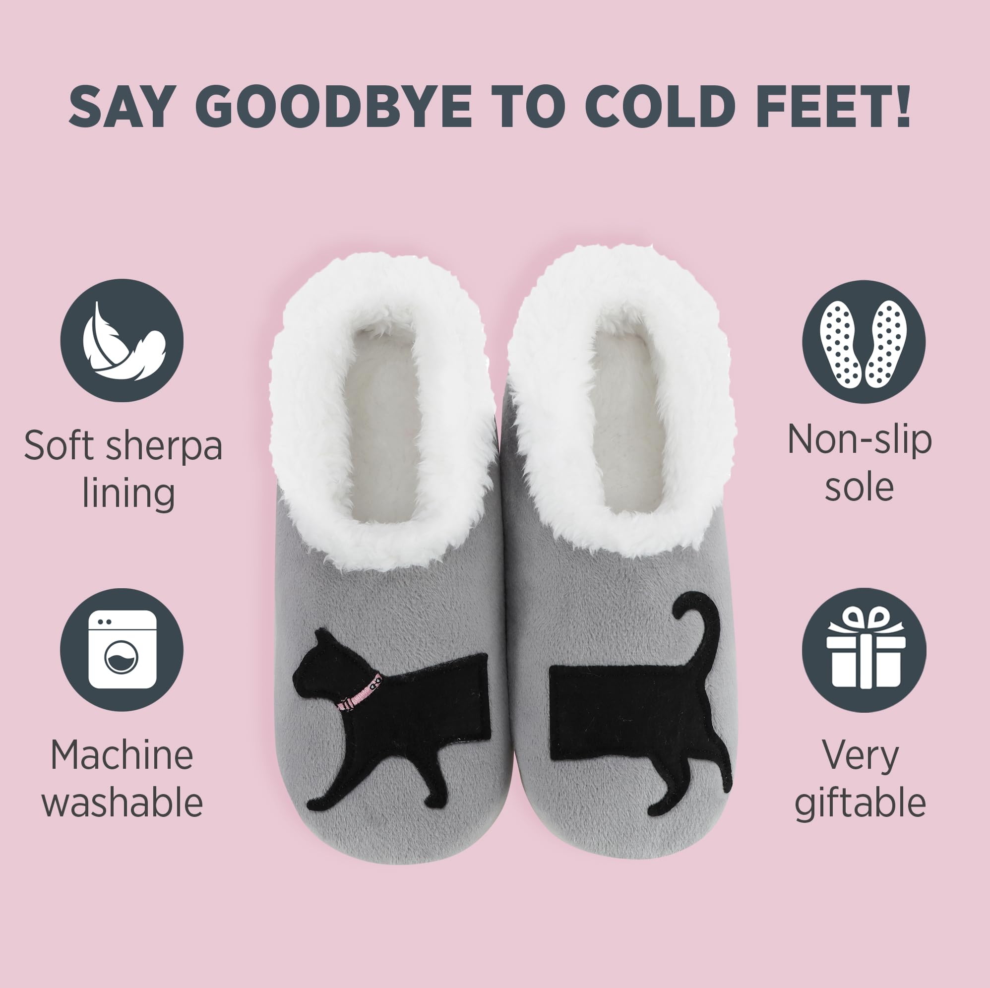 Snoozies Pairable Slipper Socks - Funny House Slippers for Women, Non-Slip Fuzzy Slipper Socks - Black Cat - Medium