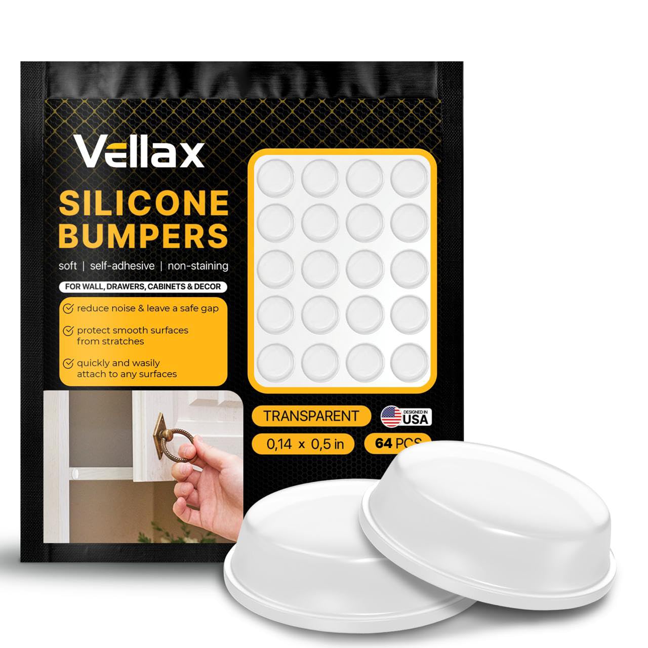 Vellax Self Adhesive Cabinet Door Bumpers - 64 pcs Sticky Silicone Clear Sound Dampening Rubber Bumpers for Wall Protection, Kitchen Furniture, Decor, Drawer Stops
