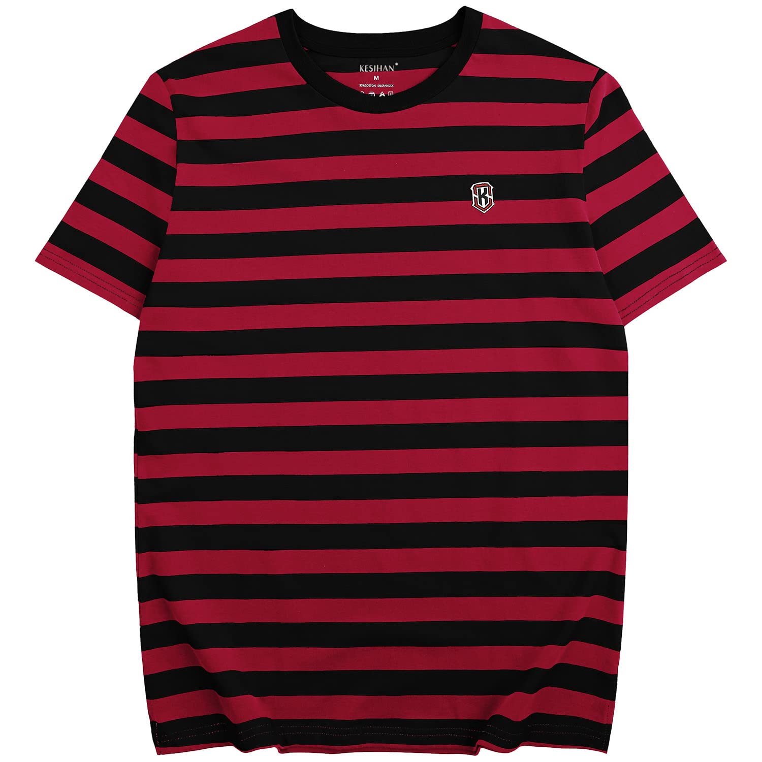 KESIHAN Men's Casual Cotton Spandex Striped Crewneck Short-Sleeve T-Shirt Basic Pullover Stripe tee Shirt(XL Black Red)