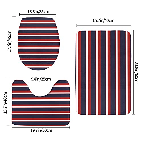 Kuroseha Red White Navy Blue Stripes Nautical Stripe Bathroom Rugs, Ultra Soft Non Slip and Absorbent, Velvet Memory Foam Bath Mat. 3 Piece Bathroom Rug