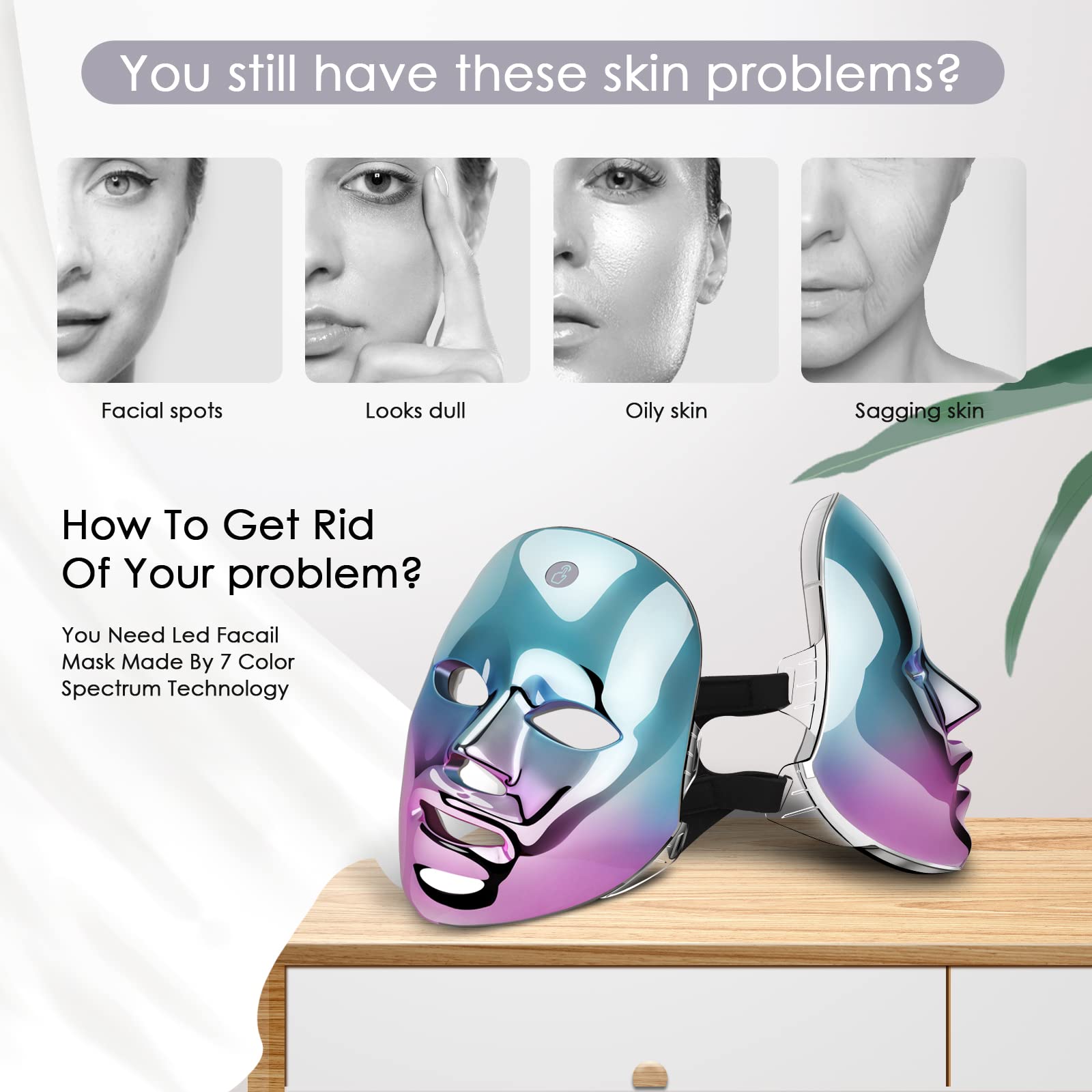 YUESUO LED Face Mask Light Therapy, Anti Aging Device 7 Color Spa Facial Mask for Skin Rejuvenation Acne Treatment