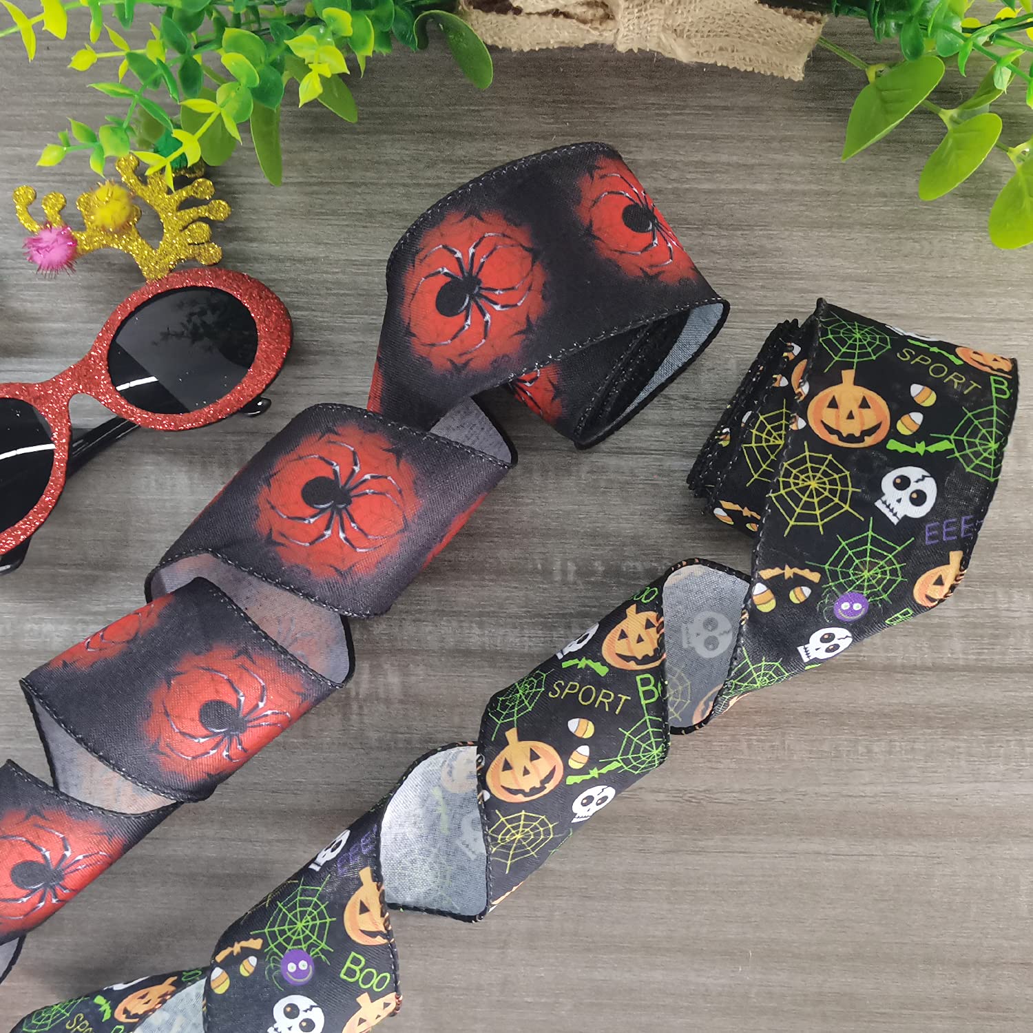 WOOPSOO 5Rolls Halloween Wired Edge Ribbon Spider Web Bat Ribbon Ghost Ribbon Halloween Wired Polyester Ribbon 2.5 Inch x 32 Yards, Present Wrapping Crafts,Autumn Wreath Home Decoration