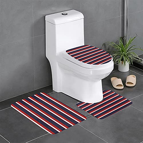 Kuroseha Red White Navy Blue Stripes Nautical Stripe Bathroom Rugs, Ultra Soft Non Slip and Absorbent, Velvet Memory Foam Bath Mat. 3 Piece Bathroom Rug
