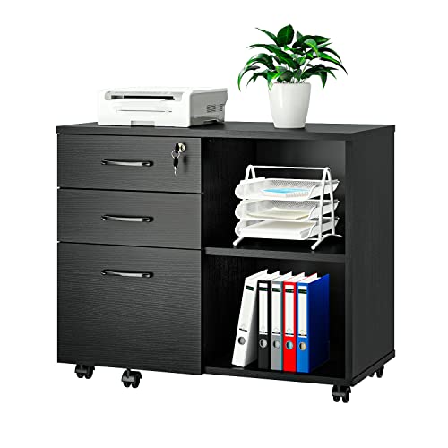 Wood File Cabinet, 3 Drawer Mobile Lateral Filing Cabinet On Wheels, Printer Stand with Open Storage Shelves for Home Office(Black)