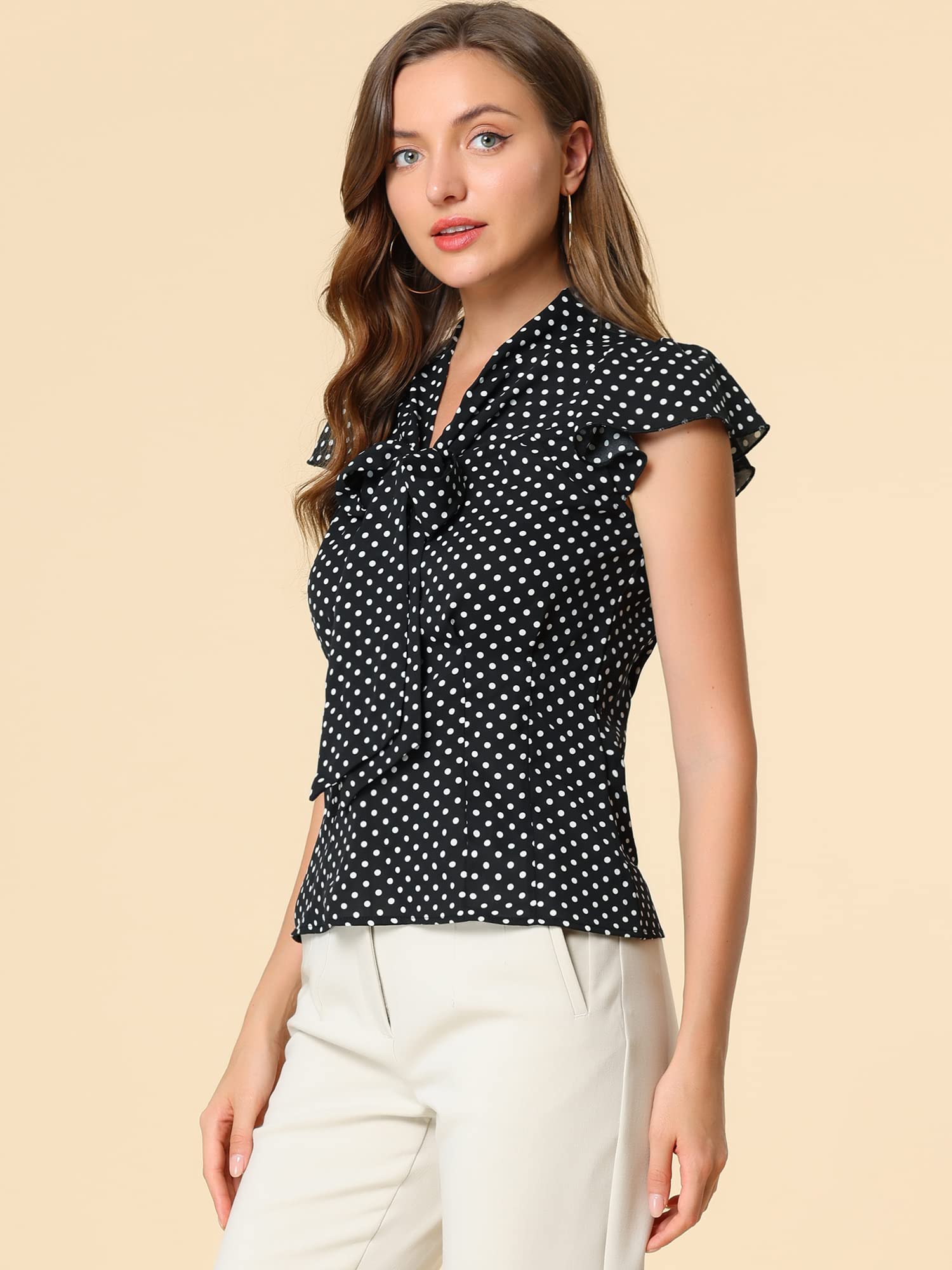 Allegra K Women's Polka Dots Tie Neck Blouse Summer Ruffled Cap Sleeve Office Top Medium Black