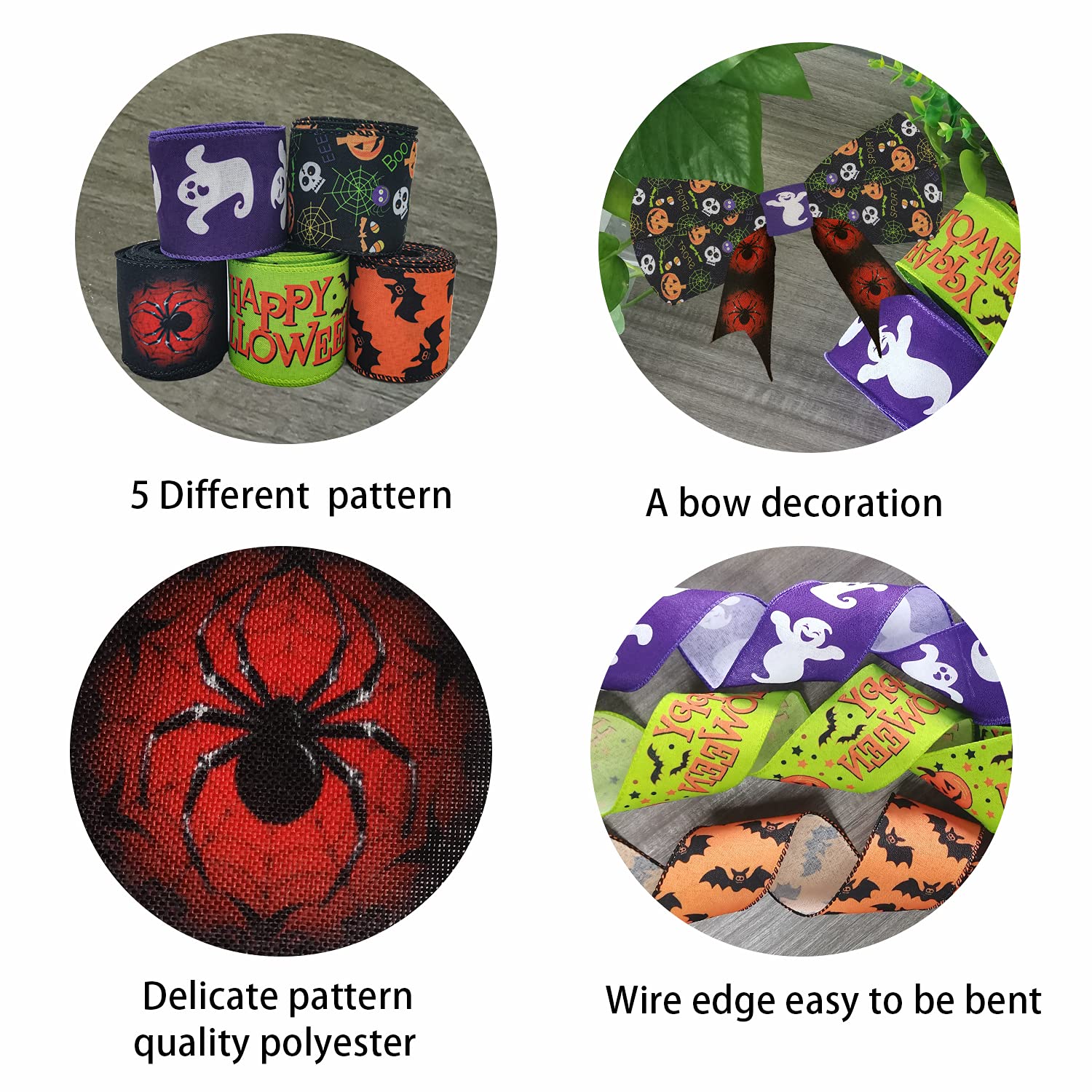 WOOPSOO 5Rolls Halloween Wired Edge Ribbon Spider Web Bat Ribbon Ghost Ribbon Halloween Wired Polyester Ribbon 2.5 Inch x 32 Yards, Present Wrapping Crafts,Autumn Wreath Home Decoration