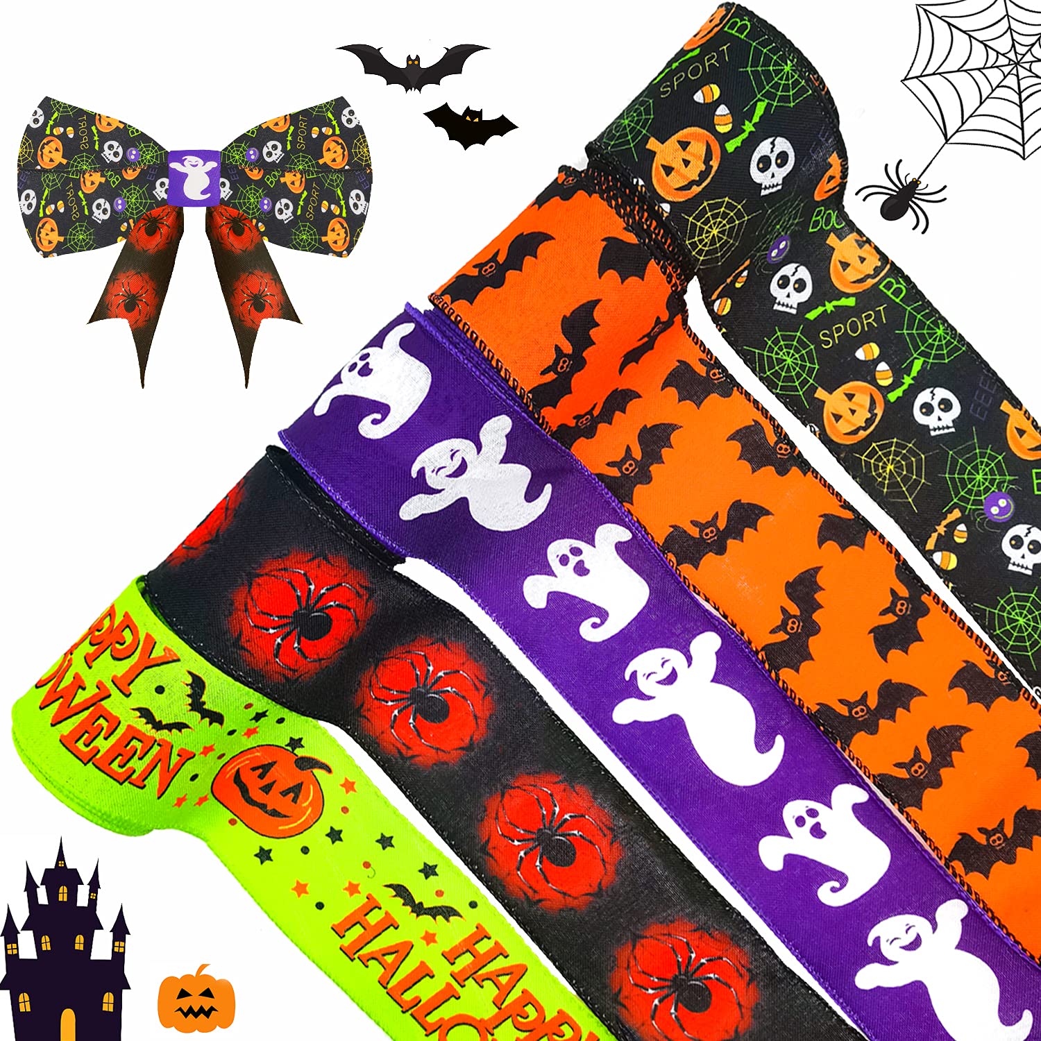 WOOPSOO 5Rolls Halloween Wired Edge Ribbon Spider Web Bat Ribbon Ghost Ribbon Halloween Wired Polyester Ribbon 2.5 Inch x 32 Yards, Present Wrapping Crafts,Autumn Wreath Home Decoration