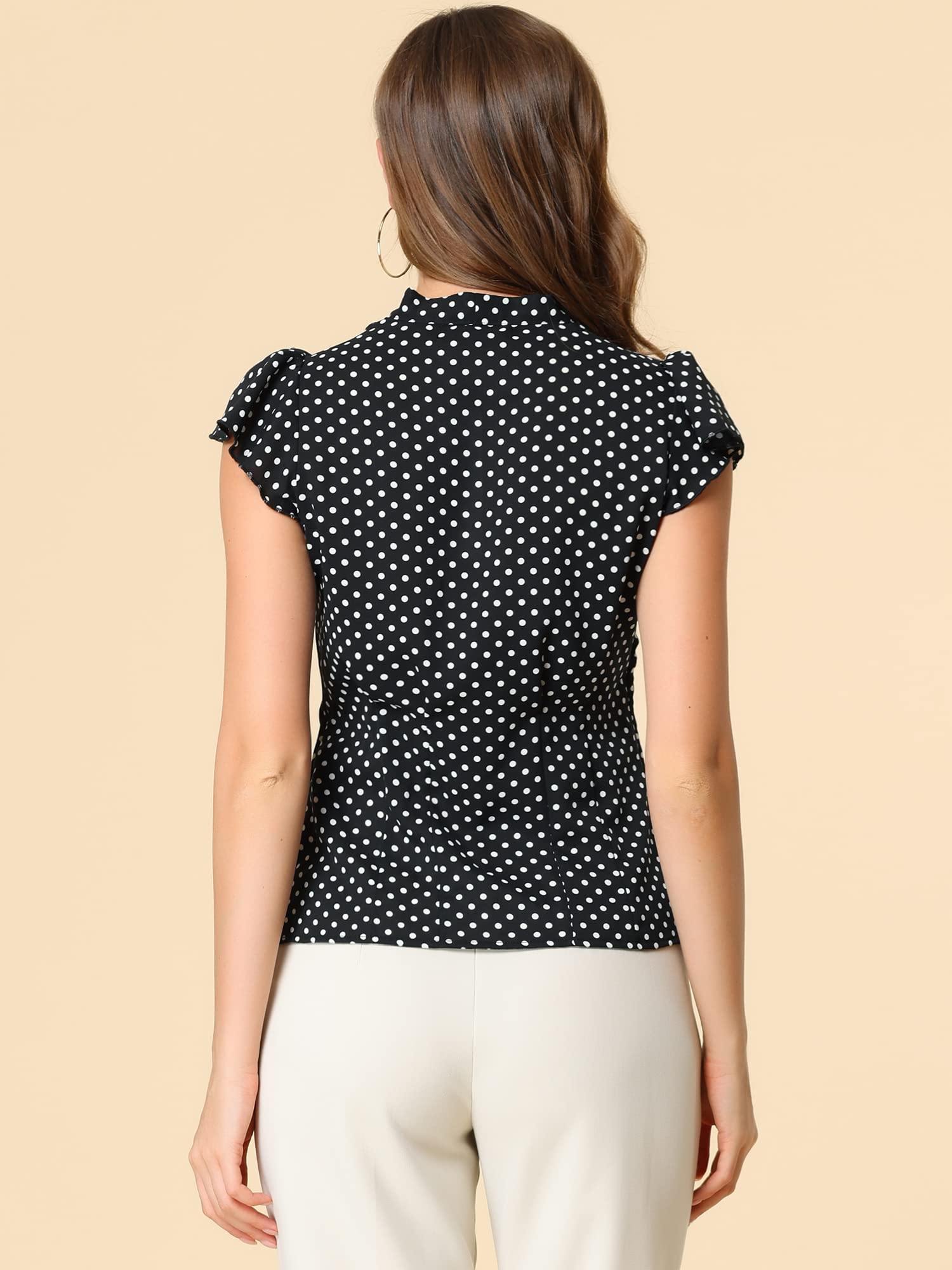 Allegra K Women's Polka Dots Tie Neck Blouse Summer Ruffled Cap Sleeve Office Top Medium Black