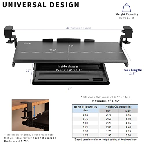 VIVO Large Height Adjustable Keyboard Tray, Under Desk Pull Out Platform, Pencil Drawer, Sturdy C Clamp Mount, 27 (33 Including Clamps) x 11 inch Slide-Out Tray Storage Drawer, Black, MOUNT-KB05-4DH