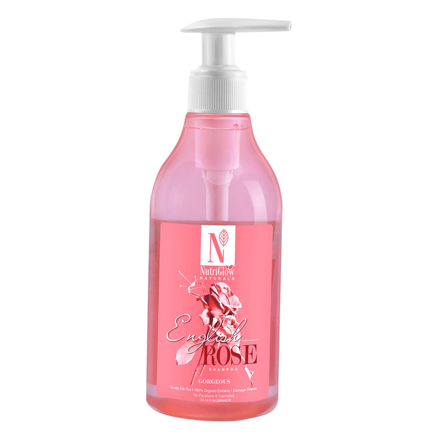 NUTRIGLOW Naturals English Rose Shampoo, Scalp De-Tox, Organic Extracts, Control Dandruff and Damage Repair, Best For Dry Scalp, Soothing To Hair, No Parabens & Sulphates 10.14 Oz