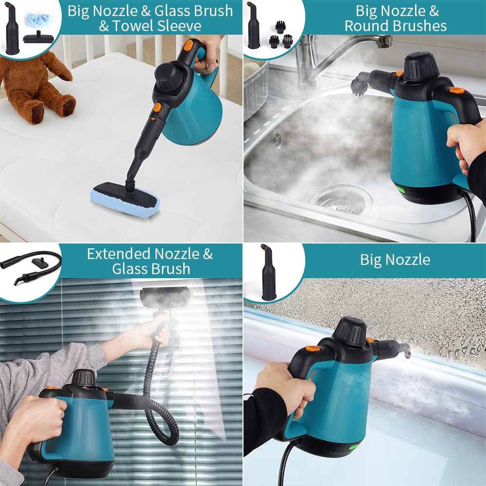 Handheld Steam Cleaner for Home Use, with Steam Lock Button & 10-Piece Accessory Set, Pressurized Steam Cleaner Hand Held, Portable Steamer for Cleaning Car, Tile Grout, Upholstery, Furniture, Shower