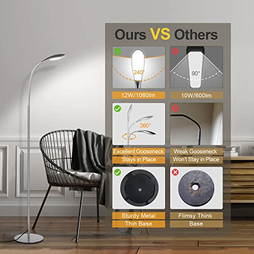 OUTON LED Floor Lamp, 12W 1080LM, Dimmable Adjustable Gooseneck Standing Lamp with 4 Color Temperature, Remote & Touch Control, 1H Timer, Memory Function for Reading Living Room Bedroom Office (Gray)
