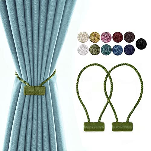 2 Pack Magnetic Curtain Tiebacks Holdbacks Upgraded Stronger Magnet 16 Inch Outdoor Elegant Decorative Clips Tiebacks for Drapes for Home Office Window Treatment (Olive)