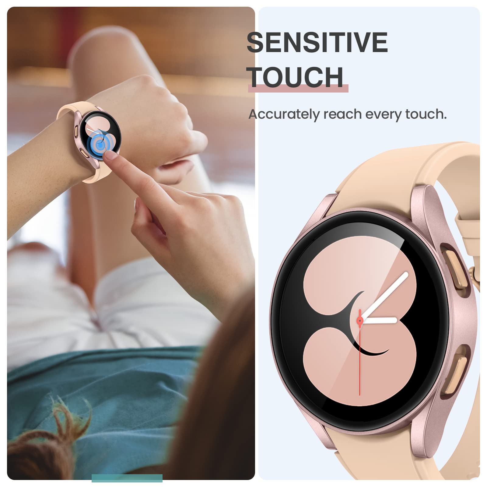 Tensea [2Pack for Samsung Galaxy Watch FE 2024/5 2022/4 2021 Screen Protector Case 40mm Accessories, Protective Face Cover Built-in Tempered Glass Film Bumper Case (40mm, Pink Gold)