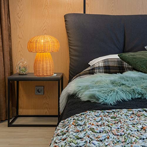 COOSA Rattan Table Lamp, Mushroom Beside Table Lamp, Pure Hand Weaving,Wicker Desktop Nightstand Lamp Accent Lamp for Home Office,Art Decor,Handicraft House Warmging Gift(Bulb Not Included)…