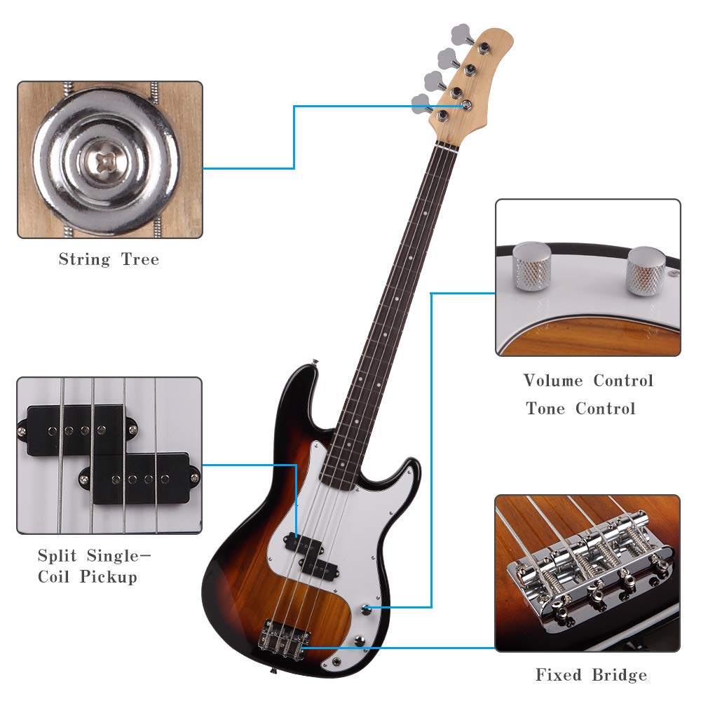 Kcelarec Electric Bass Guitar Full Size 4 String 46 Inch Bass (Sunset Color)