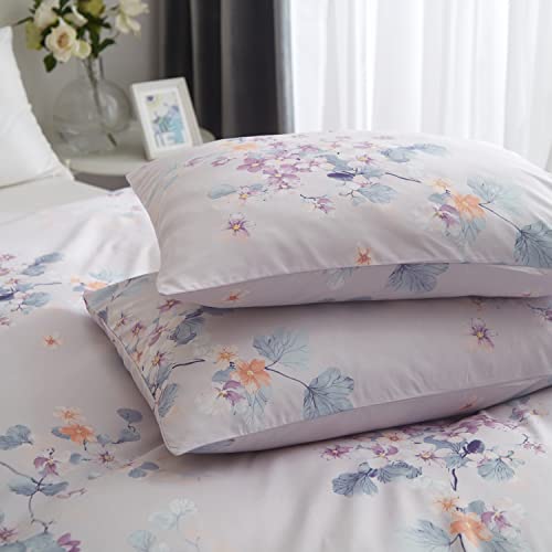 LOYOLADY Lilac Duvet Cover Set Queen Size, 3 Pieces Lightweight Soft Microfiber Bedding Comforter Cover for All Seasons (Queen, 90x90 Inches, Purple and Yellow Flower)