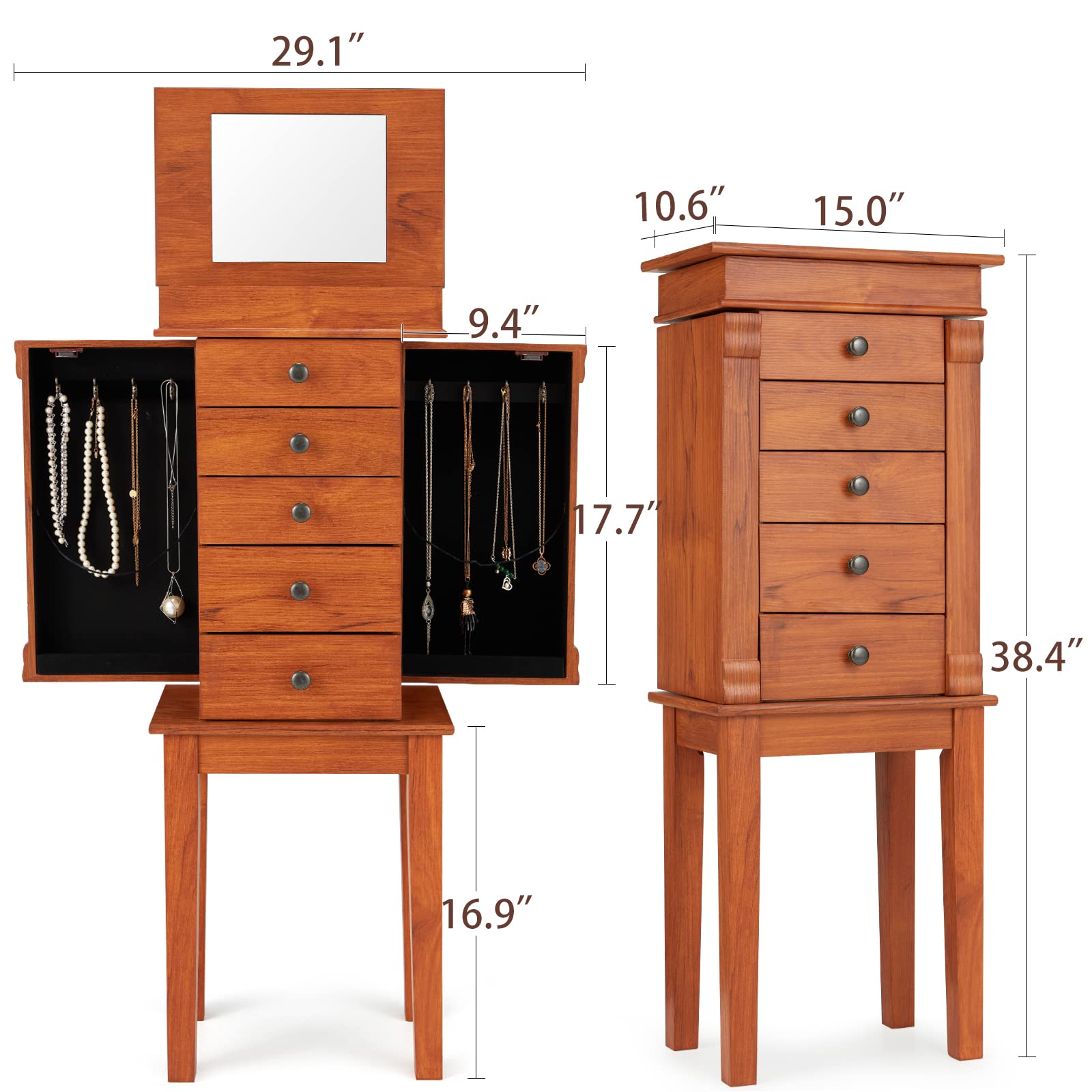 AVAWING Jewelry Cabinet Armoire with Top Flip Makeup Mirror, 5 Drawers&8 Necklace Hooks, Jewelry Storage Organizer with 2 Side Doors, Jewelry Armoire Box Chest with Top Organizer Compartment (Cherry)