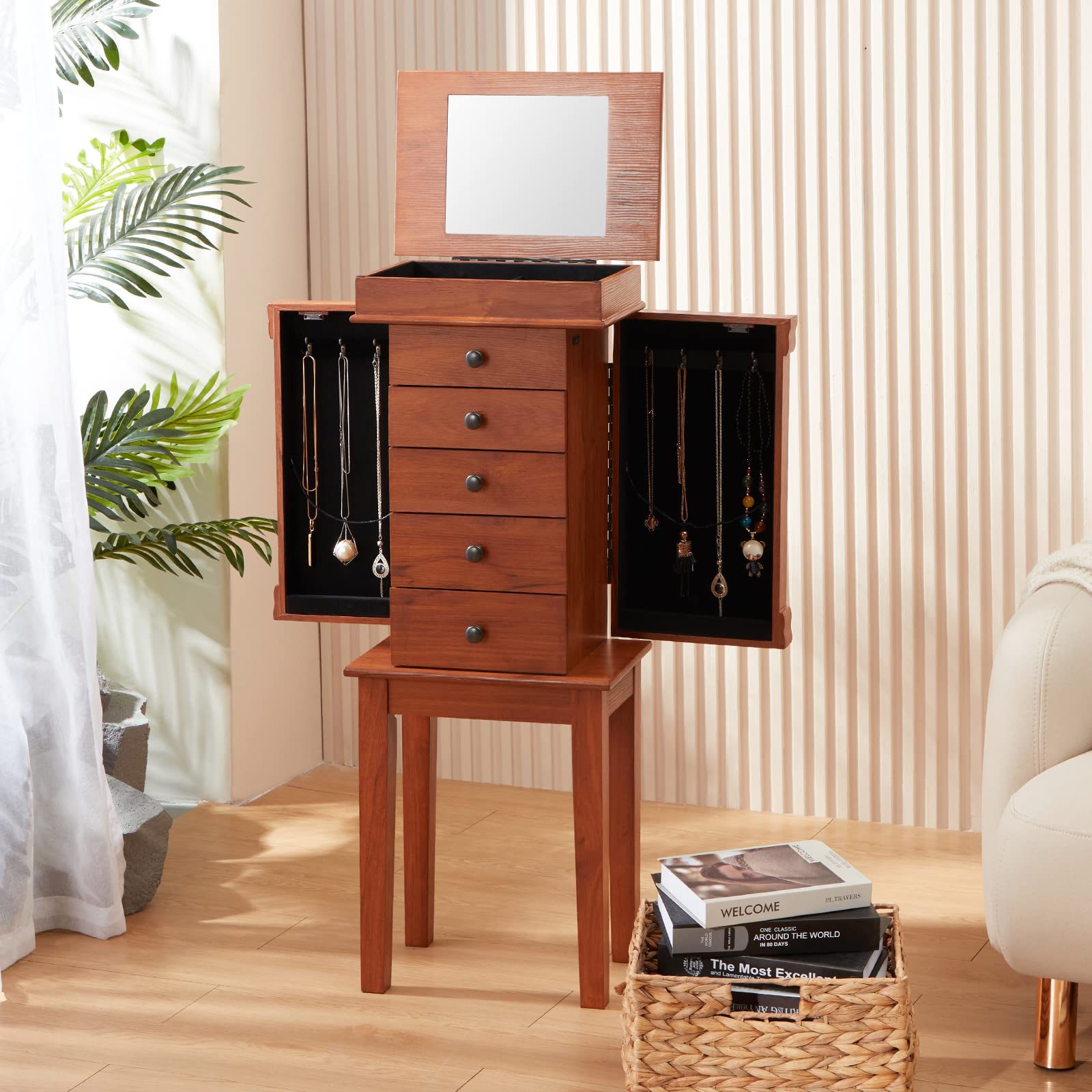 AVAWING Jewelry Cabinet Armoire with Top Flip Makeup Mirror, 5 Drawers&8 Necklace Hooks, Jewelry Storage Organizer with 2 Side Doors, Jewelry Armoire Box Chest with Top Organizer Compartment (Cherry)