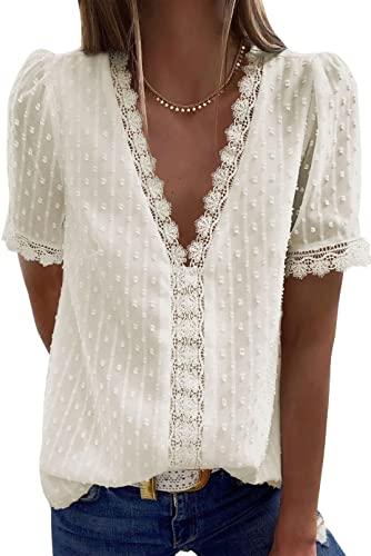 Dokotoo Womens Ladies Summer Fall Sexy Lace Crochet V Neck Short Sleeve Pom Pom Boho Shirts 2024 Spring Casual Loose Solid Chiffon Blouses for Women Tops Apricot XL