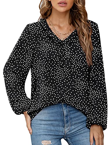 VIISHOW Black Dot Polka Dot Tops Fashion Casual V Neck Ruffled Womens Blouse (Black Dot, Medium)