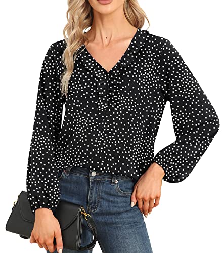 VIISHOW Black Dot Polka Dot Tops Fashion Casual V Neck Ruffled Womens Blouse (Black Dot, Medium)