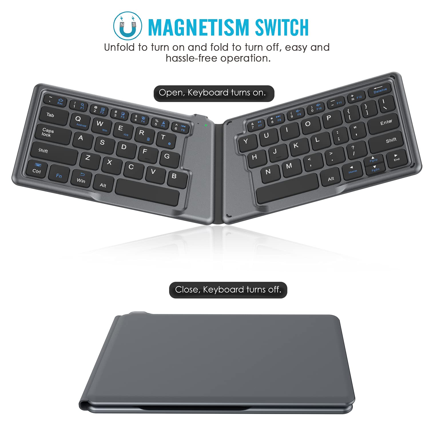 MoKo Foldable Bluetooth Keyboard, Portable Wireless Rechargeable Keyboard, Ultra Slim Ergonomic Folding Keyboard Compatible with iOS, Android and Windows Tablet/Smartphone/Laptop Devices, Silver Gray