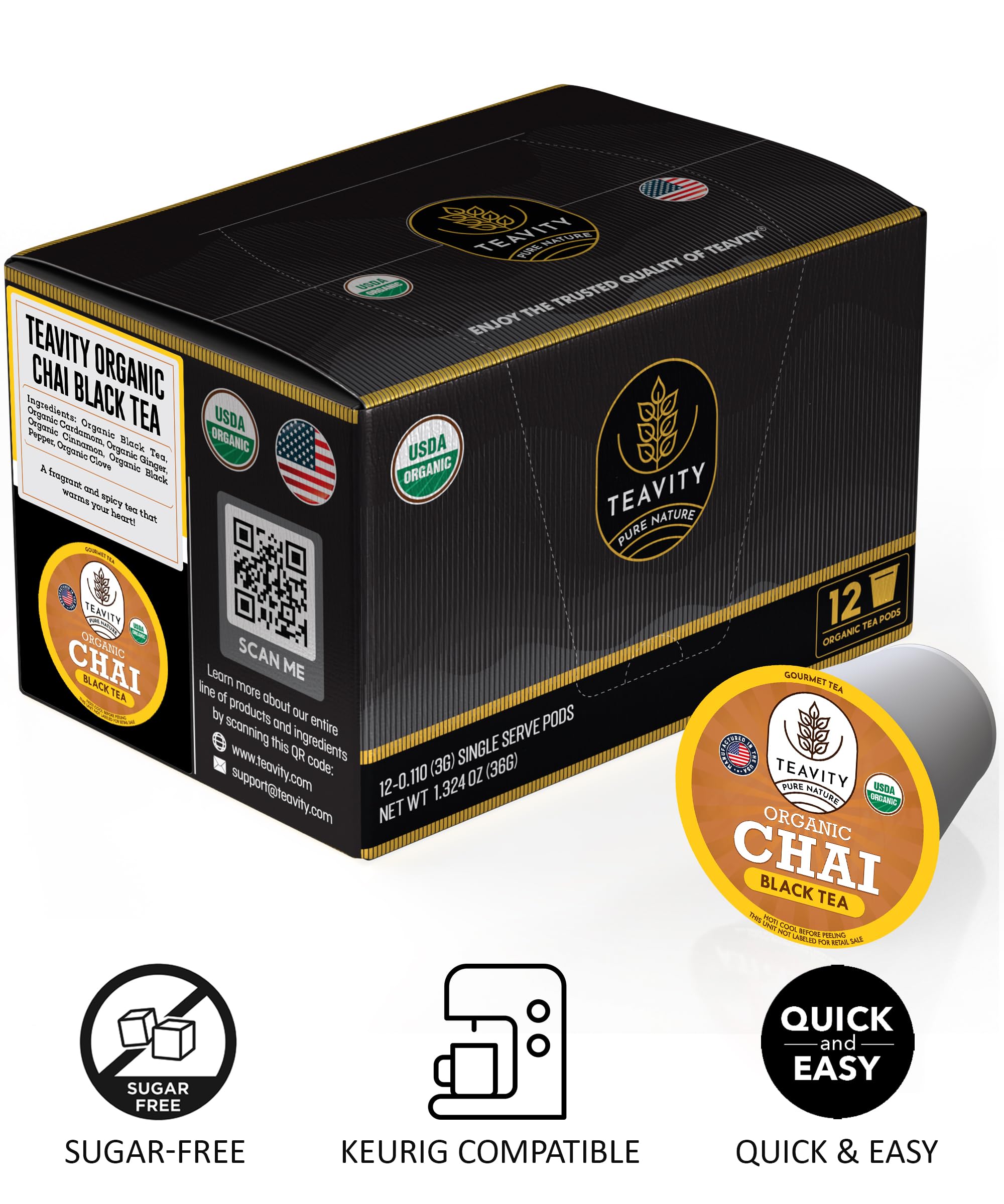 Organic Chai Black Tea Pods for Keurig Naturally Caffeinated by Teavity (12 Tea Pods)