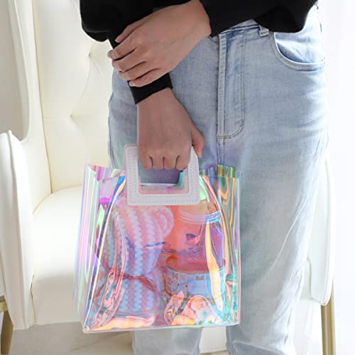 VUOJUR Holographic Small Gift Bag 8.3x8x4'' Clear Reusable Birthday Gift Bag for Women Girls Iridescent Christmas Wedding Gift Bag with Handle
