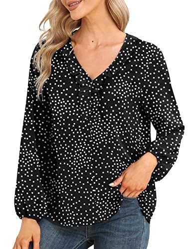 VIISHOW Black Dot Polka Dot Tops Fashion Casual V Neck Ruffled Womens Blouse (Black Dot, Medium)